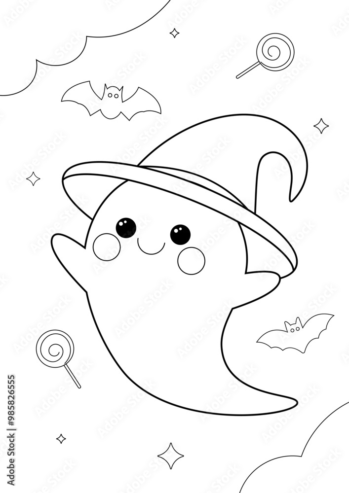 Cute ghost wearing witch hat in doodle style. Happy Halloween coloring ...