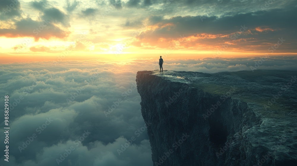 Cinematic image of a person standing at the edge of a cliff, looking ...