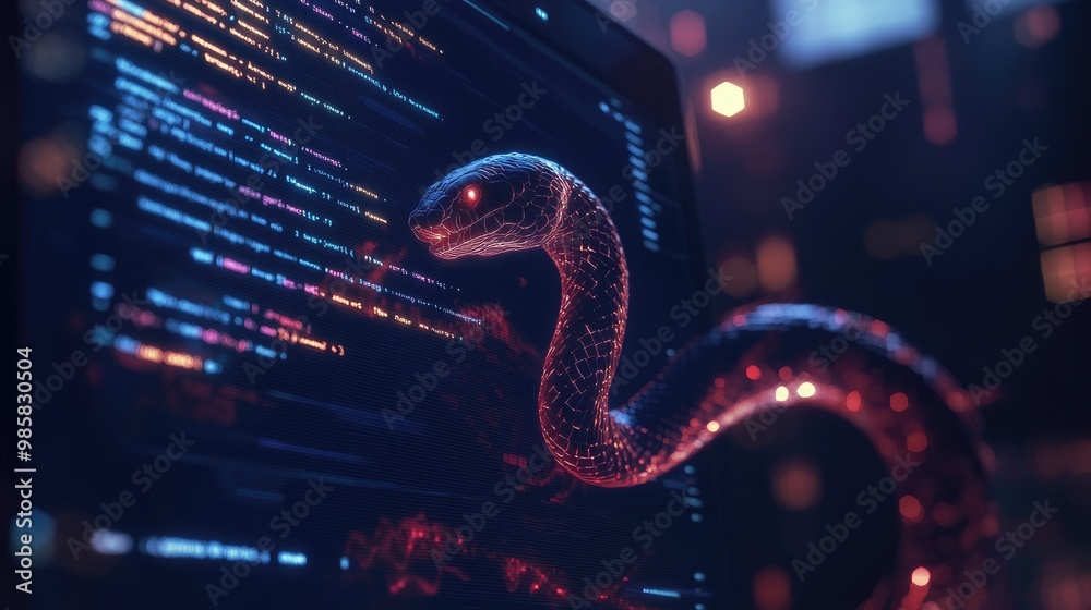 Data engineering: A computer screen displaying Python code with a digital snake, representing ...