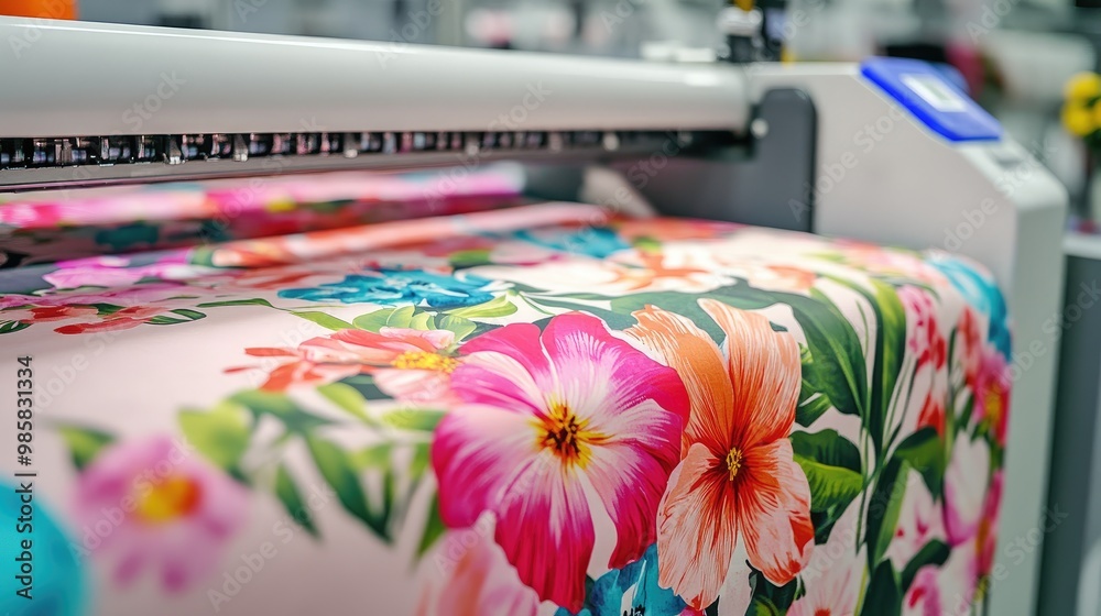 DTF technology: Sublimation printers, creating vibrant floral patterns on fabric, showcasing the ...
