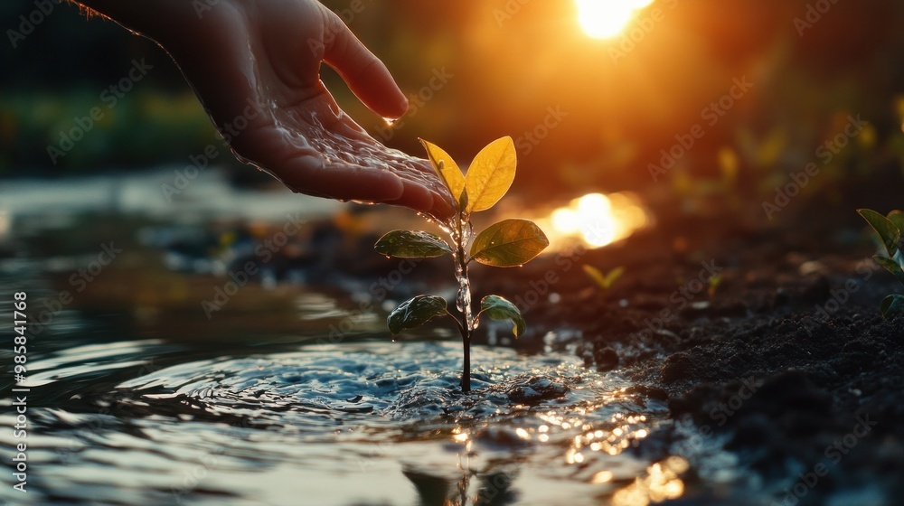 In a park at dusk, a hand is pouring water for a sapling to grow Stock ...