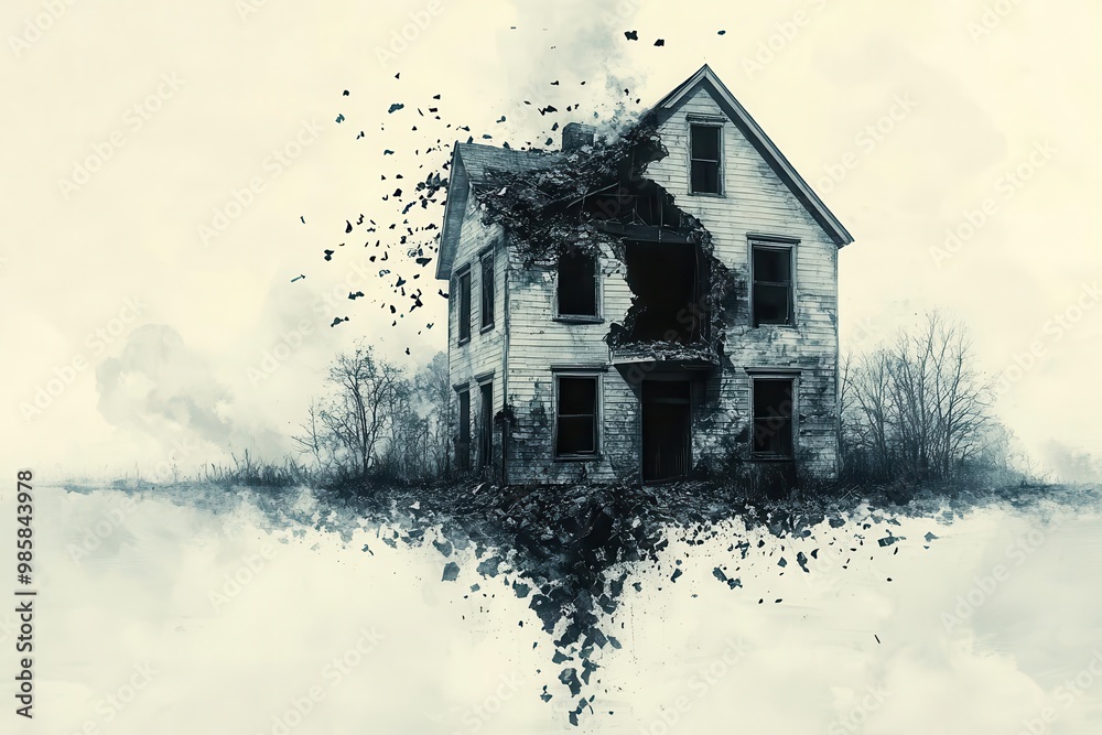 conceptual illustration depicting divorce as a house split in half with ...