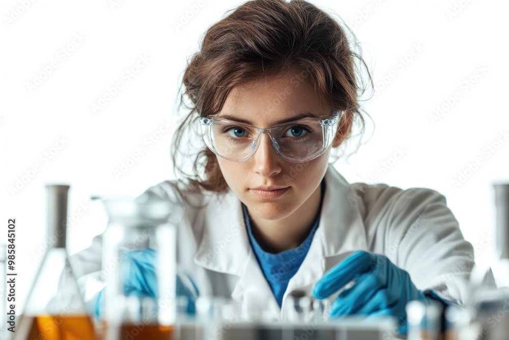 Female engineer working in biomedical engineering lab, on solid white ...