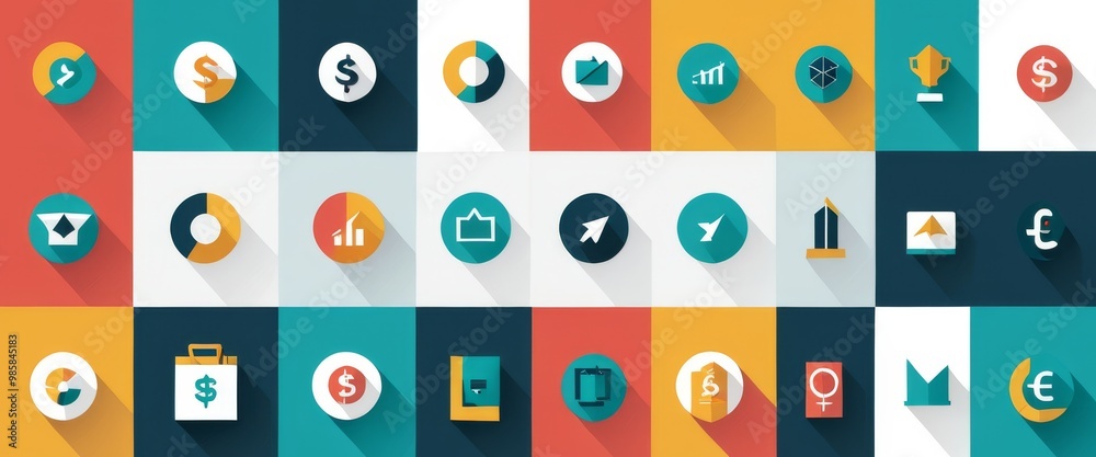 A vibrant grid of flat design icons related to business and finance ...