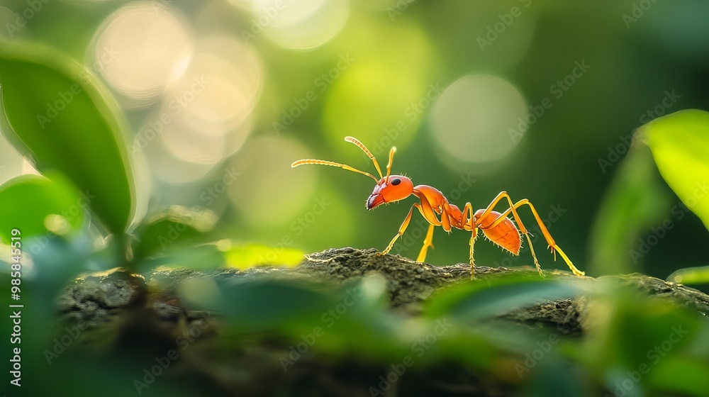 In the heart of nature's tapestry, a fiery red ant emerges, its tiny ...