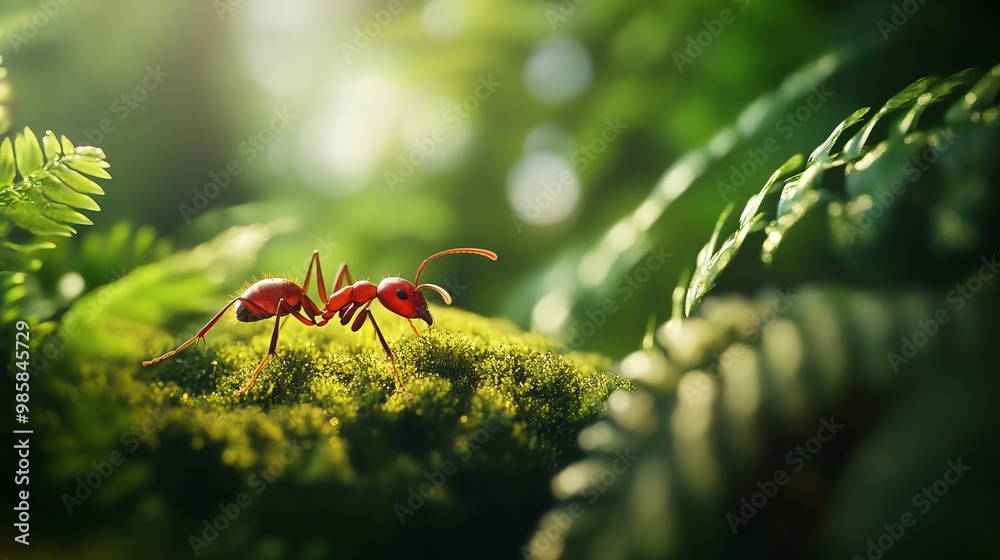 In the heart of nature's tapestry, a fiery red ant emerges, its tiny ...