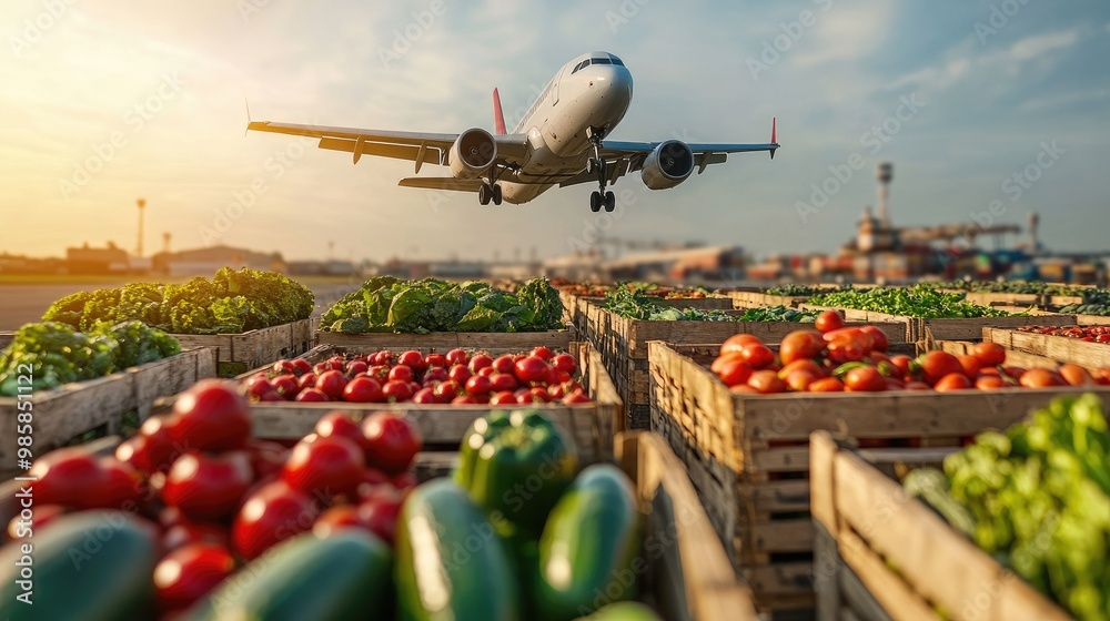 Food logistics: An airplane flying over crates of fresh vegetables ...