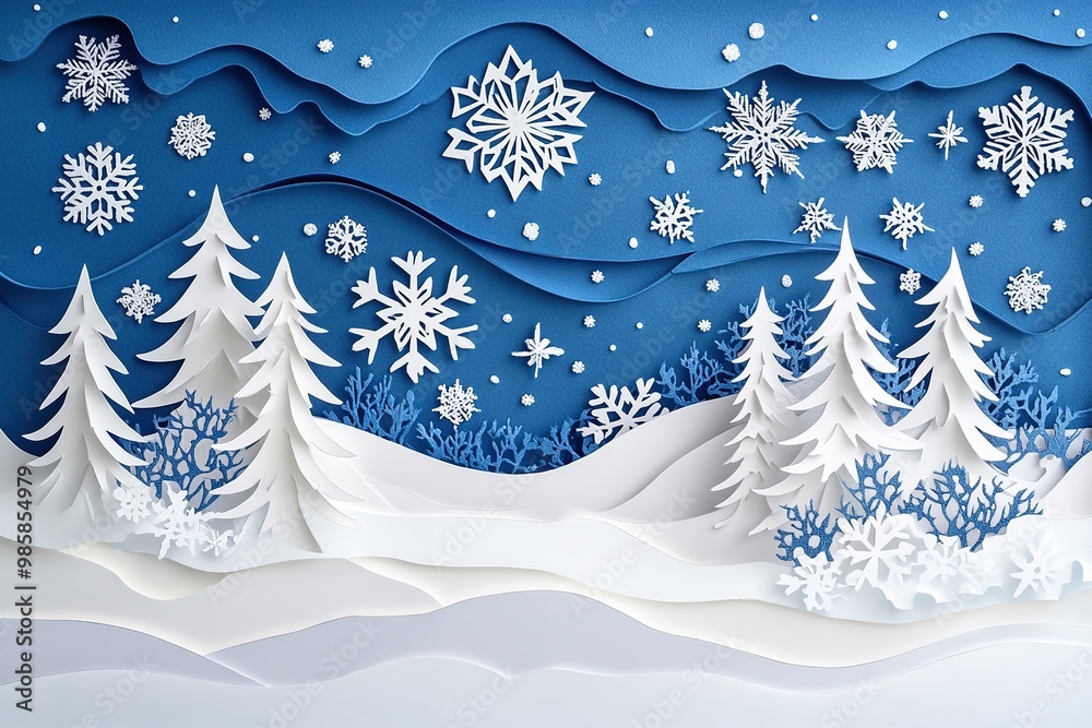 Winter forest scene in papercraft style with a deer, snow-covered trees ...