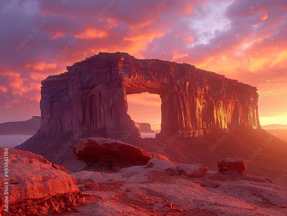 Surreal desert landscape with towering red rock formations and deep ...