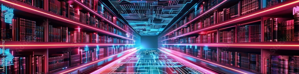 Inside a computer, a digital library with vibrant, neon-colored ...