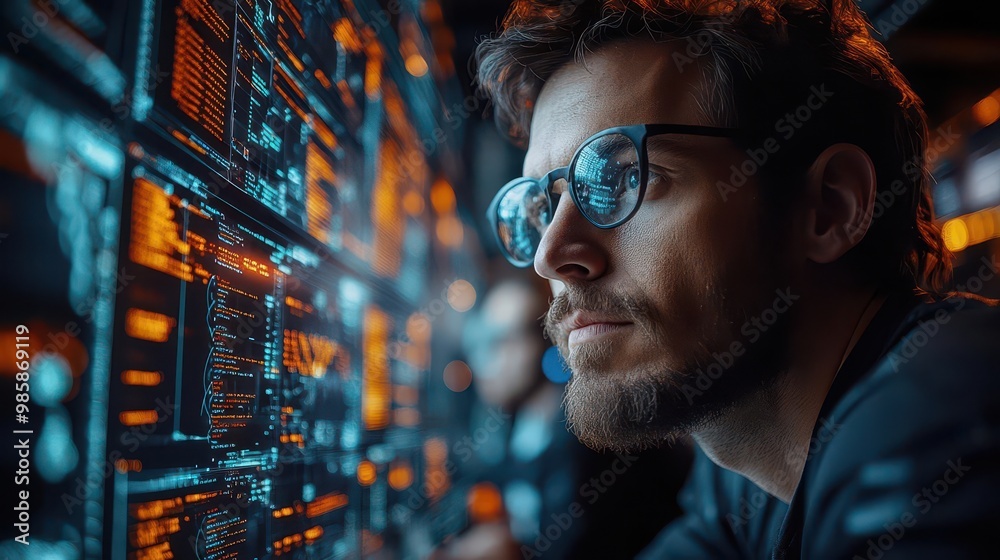 dynamic collage of it specialists at work multiple screens displaying code network diagrams and ...