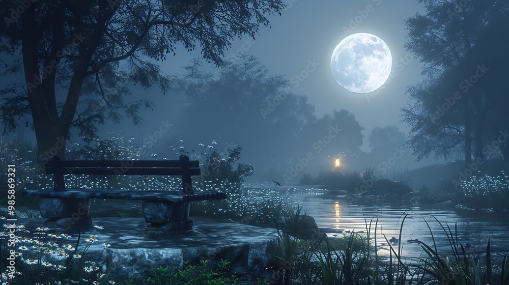 Tranquil moonlit garden with blooming nightblooming flowers a stone ...