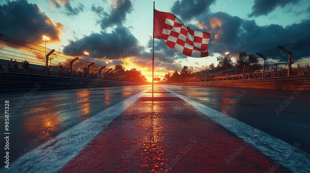 dynamic racetrack scene focused on dramatic finish line checkered flag ...