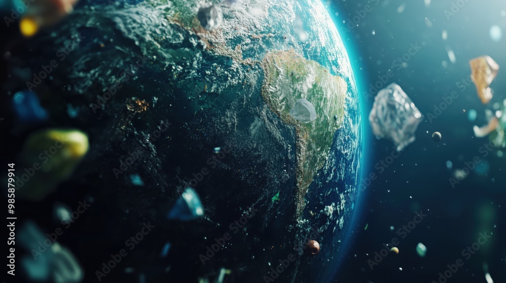 Close-Up of Plastic Waste Orbiting Planet Earth in Space, Highlighting ...
