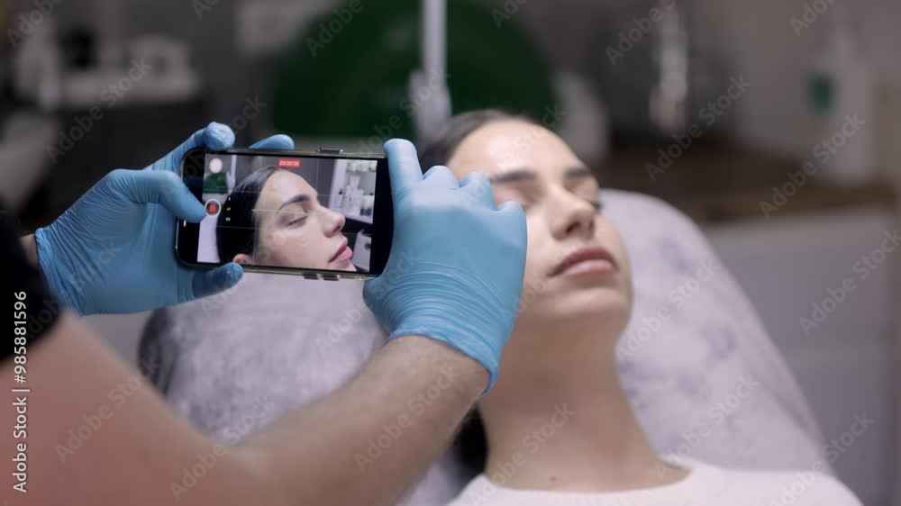 In a medical office, a male doctor captures a photo of a young woman’s ...