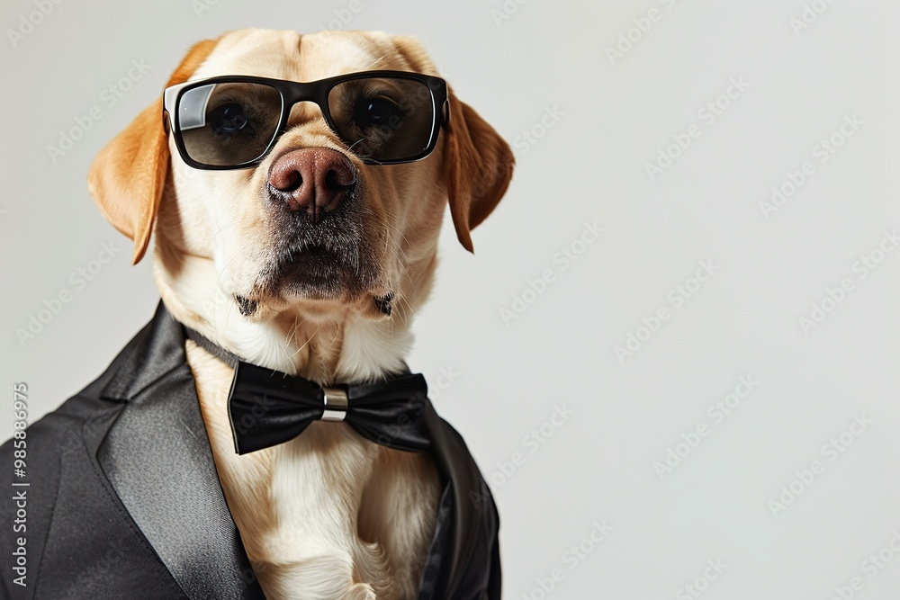 Cute labrador dog in modern tuxedo and sunglasses on grey background ...