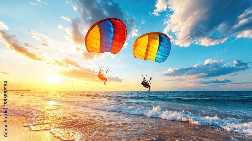 A breathtaking parasailing adventure over a tropical beach at sunset ...
