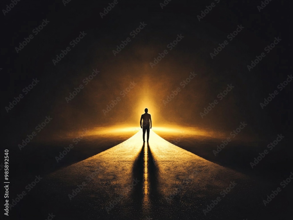 A person standing at a fork in the road, with one path leading to light ...