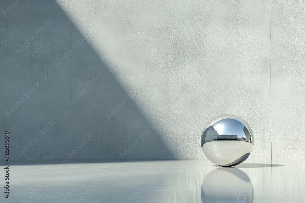 A shiny, silver sphere sits in a stark, minimalist room. Its reflective ...