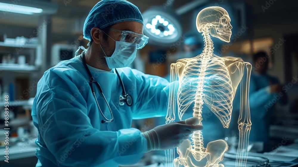 An orthopedic surgeon preparing for surgery by examining a 3D hologram ...