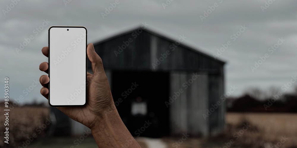 Asian male using smartphone with a blank white screen. Rustic barn ...