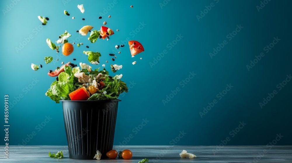 Food waste falling into a trash can against a blue background ...