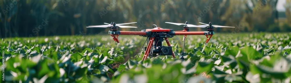 AI-controlled drone spraying crops in a smart farm, precision farming, agricultural food tech ...