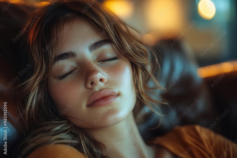 exhausted businesswoman reclining on luxurious leather sofa eyes shut ...