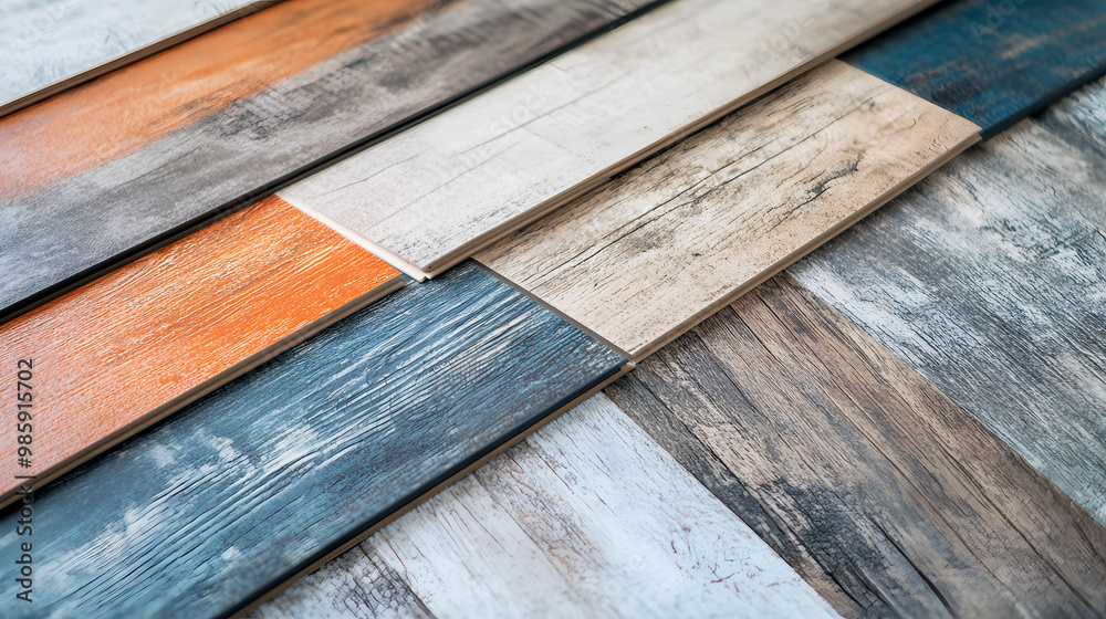 Vinyl plank flooring samples in bold colors, with textured surfaces ...