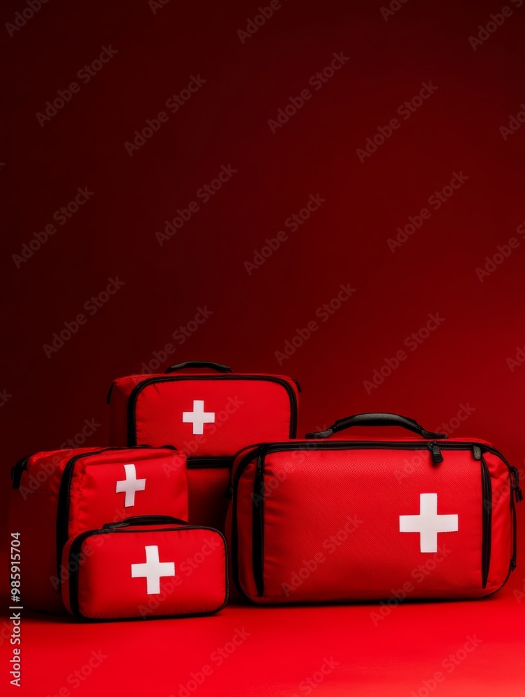 Three red first aid kits of different sizes with white crosses, symbolizing preparedness, safety ...