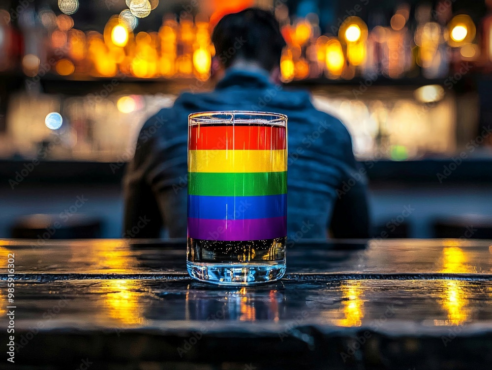 A member of the LGBTQ community sitting alone in a bar, the rainbow ...