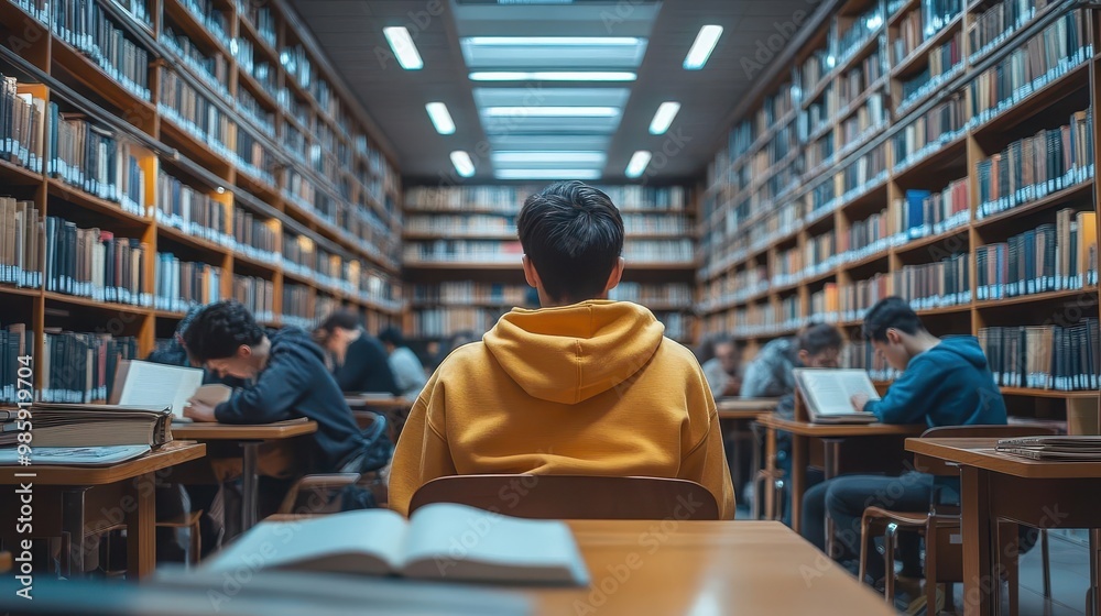 School library with bookshelves and students studying quietly, academic ...