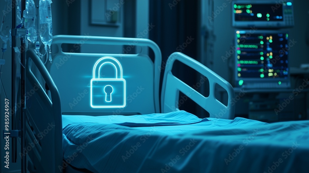 Hospital bed with a digital lock icon, symbolizing healthcare data ...