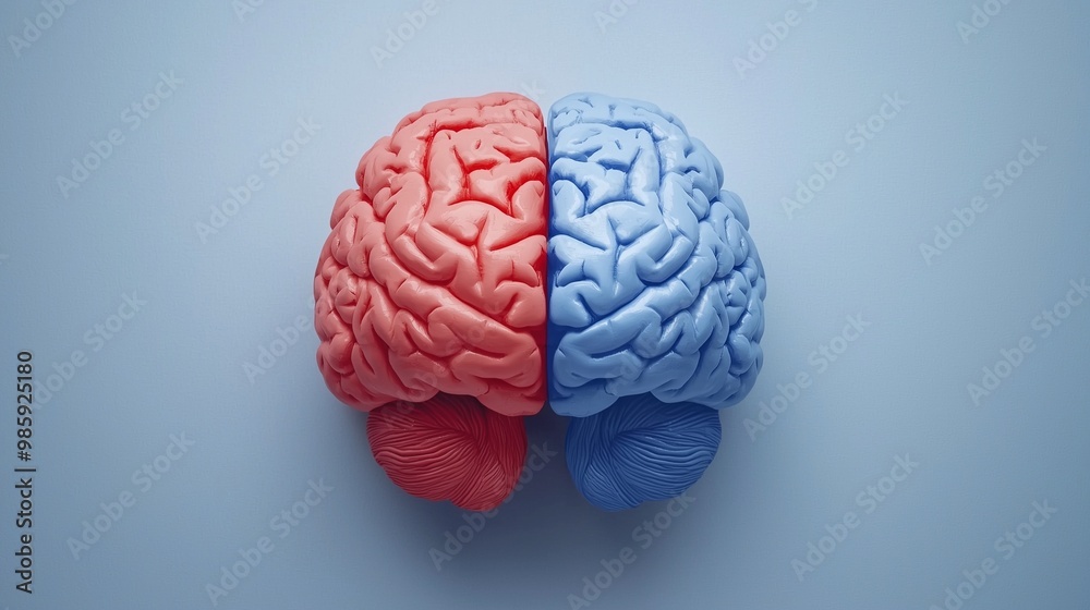 Image of a human brain split into left (red) and right (blue ...