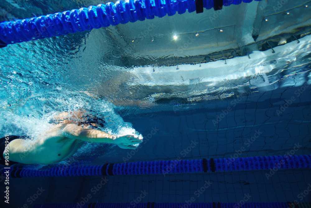 Underwater, games and person in pool, swimming and training for ...