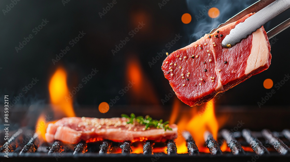 Dark background, a meat tong holds a large, thick slice of wagyu beef ...