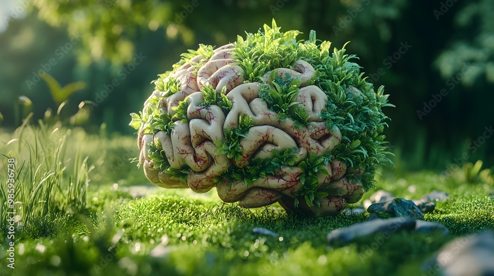A 3D digital depicting a human brain covered in burgeoning verdant ...