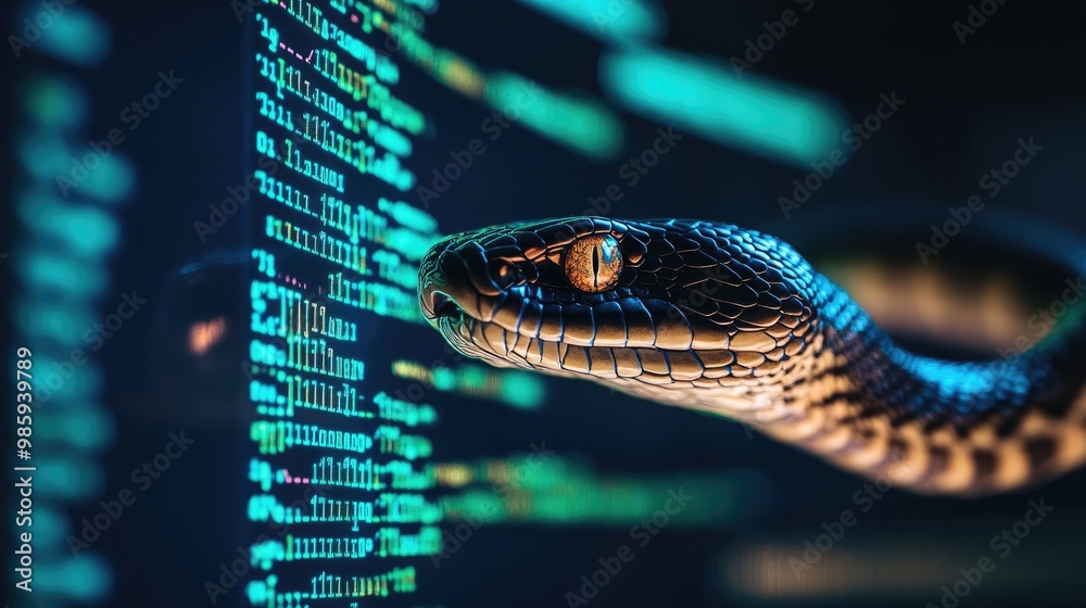 Python coding: A computer screen displaying Python code with a digital snake, symbolizing the ...