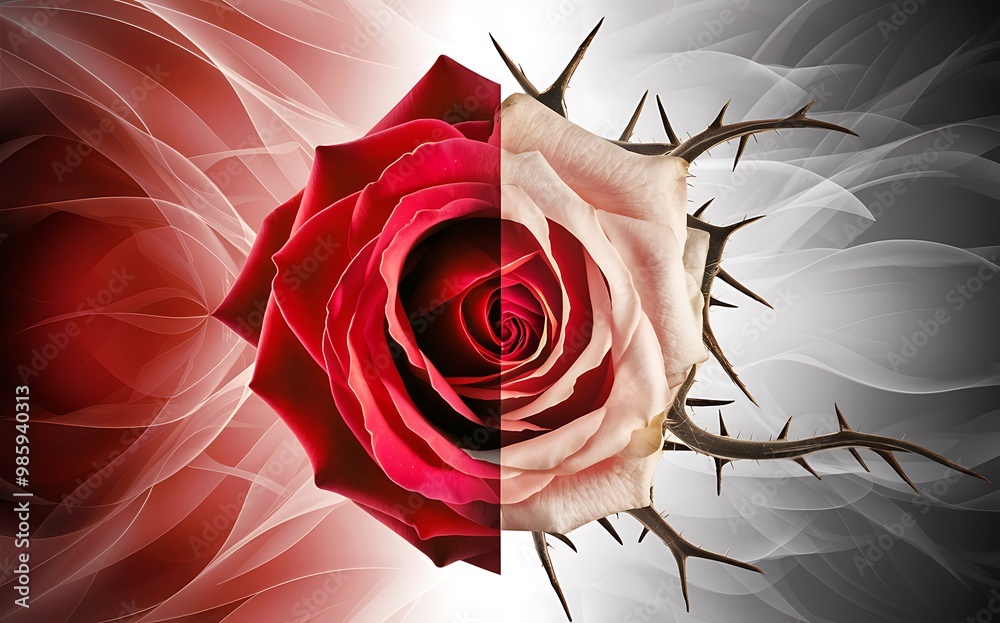 A single red rose with thorns split in half, representing the duality ...