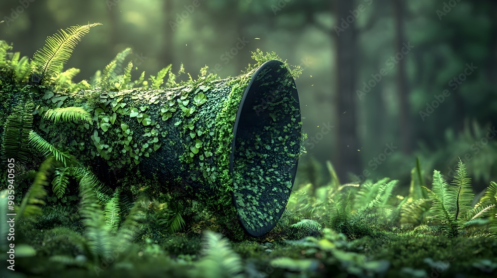 A 3D portrays a megaphone consumed by a thriving ecosystem of lush ...