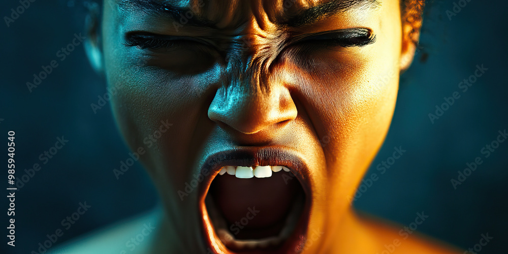 Piercing Shout of Anger: A close-up of a furious face, screaming into ...