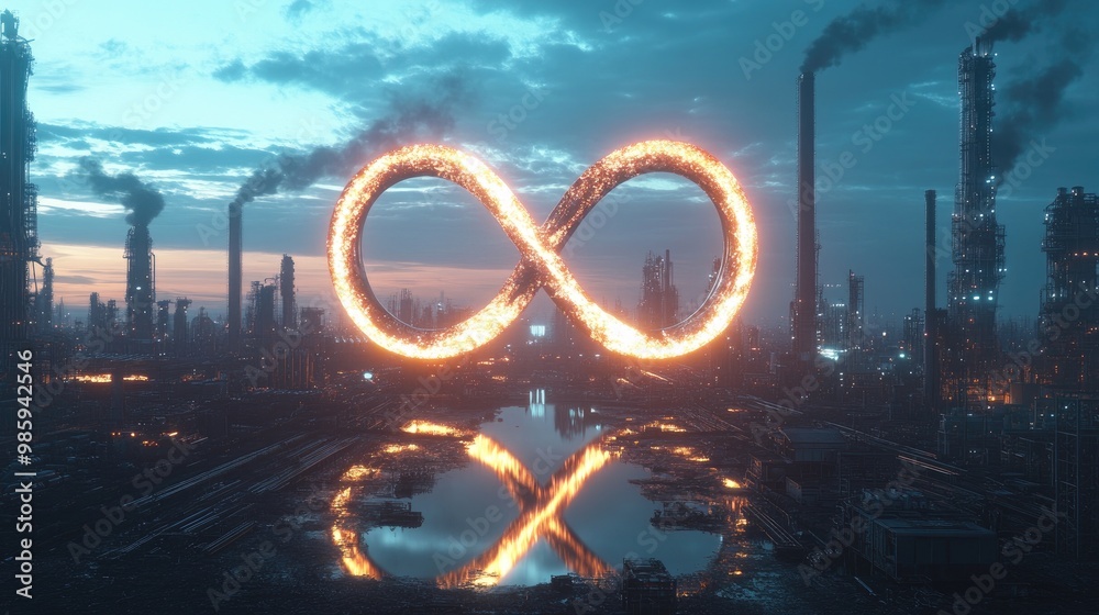 Sustainable energy: A glowing infinity symbol over an industrial ...