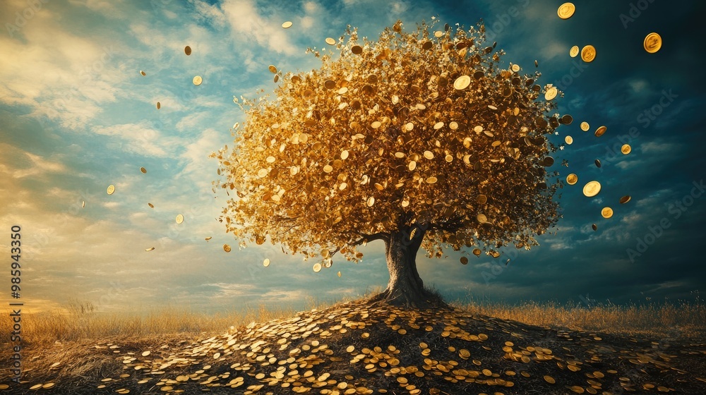 Wealth accumulation: A tree with golden coins, symbolizing the process ...