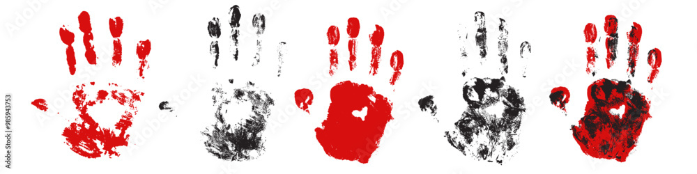 set of human palm prints in blood and ink. crime story collage ...