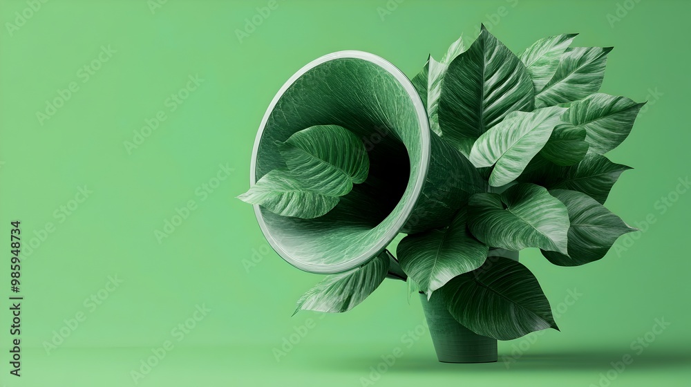 A digital 3D showcases a megaphone device enveloped in a lush ...