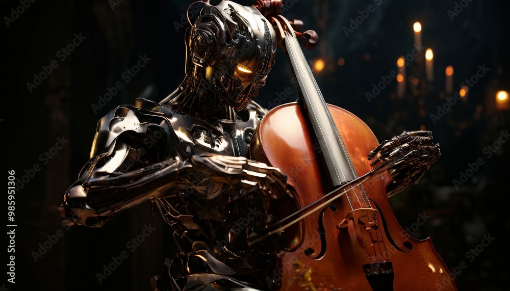 A detailed cybernetic robot passionately plays a cello in a dimly lit ...