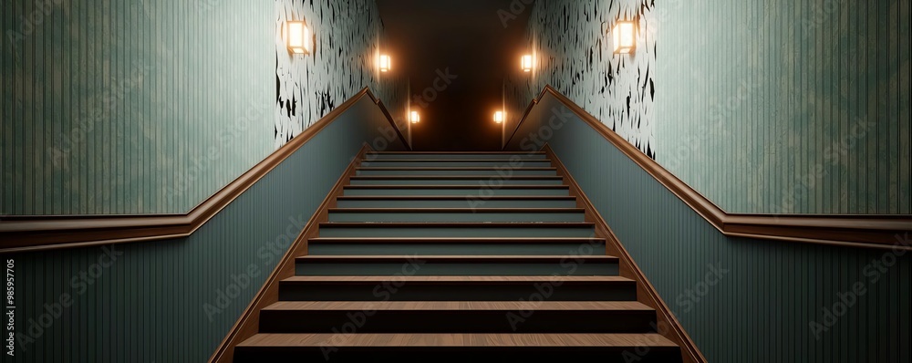 Abandoned, eerie staircase leading into darkness, with torn, haunted ...