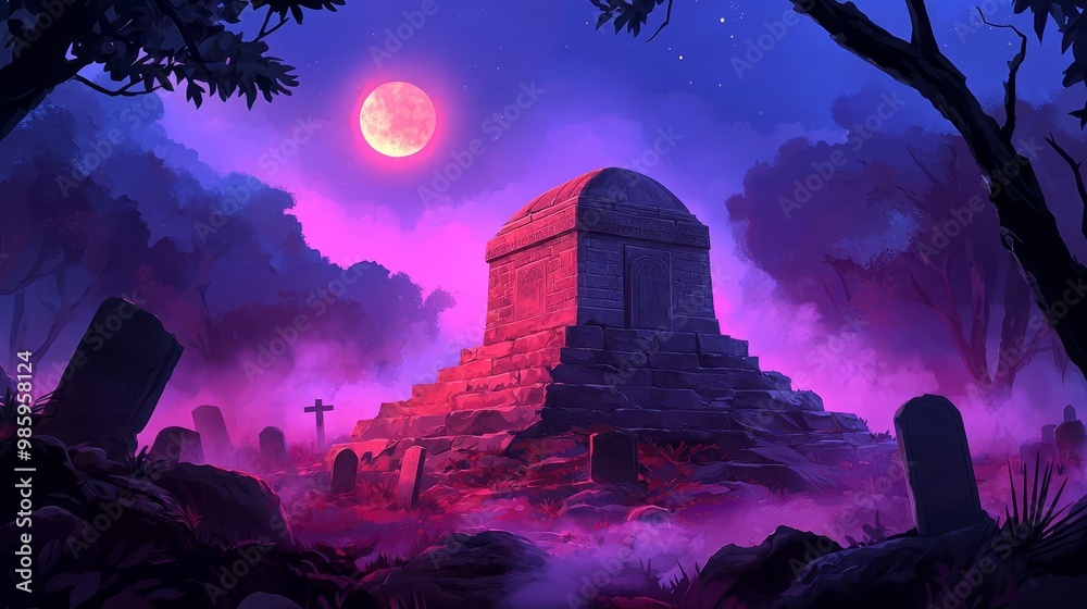 Spooky, fog-filled graveyard with an ancient, crumbling mausoleum in ...