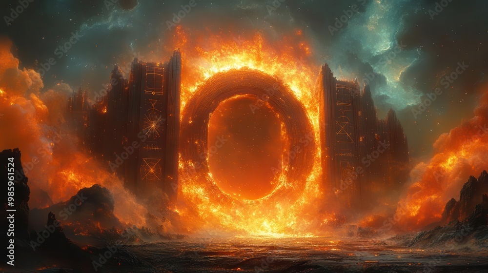 interdimensional portal to the underworld swirling with ethereal flames ...