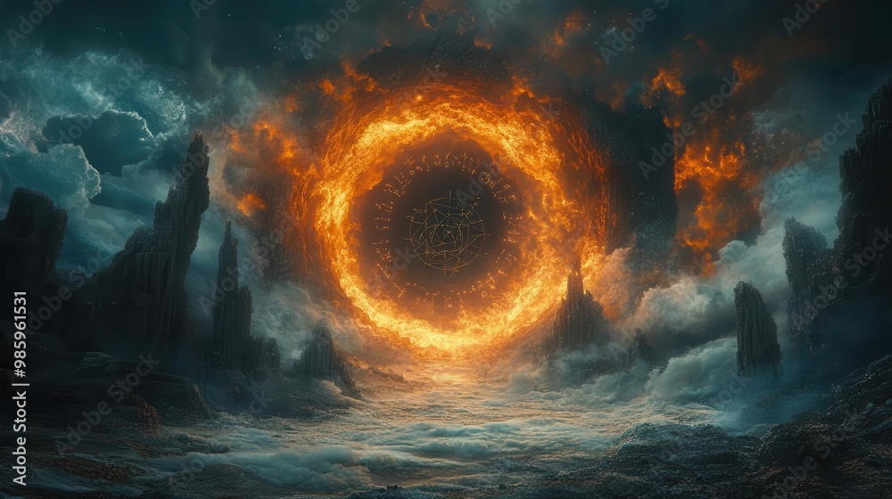 interdimensional portal to the underworld swirling with ethereal flames ...